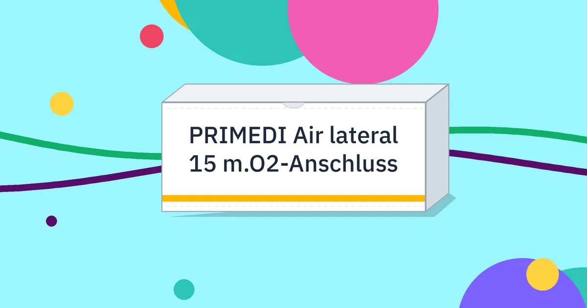 Symbolbild: Packung mit der Aufschrift PRIMEDI Air lateral 15 m.O2-Anschluss (PZN 10836283) – Verfügbarkeit und Bezug in Apotheken in Frankfurt am Main