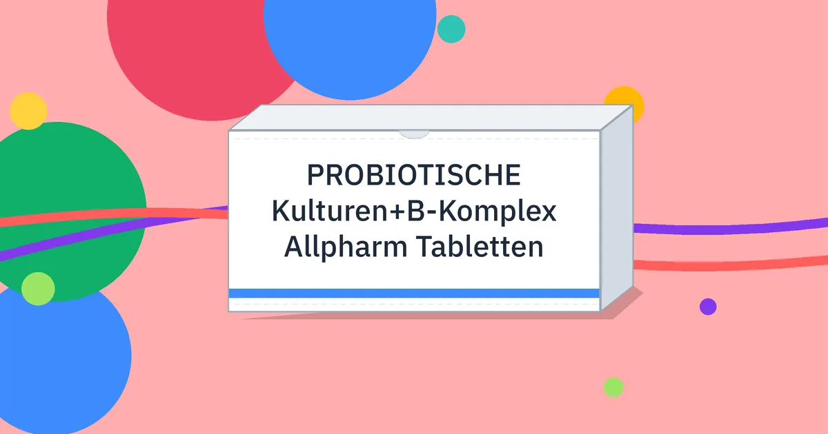 Symbolbild: Packung mit der Aufschrift PROBIOTISCHE Kulturen+B-Komplex Allpharm Tabletten (PZN 18224183) – Verfügbarkeit und Bezug in Apotheken in Frankfurt am Main