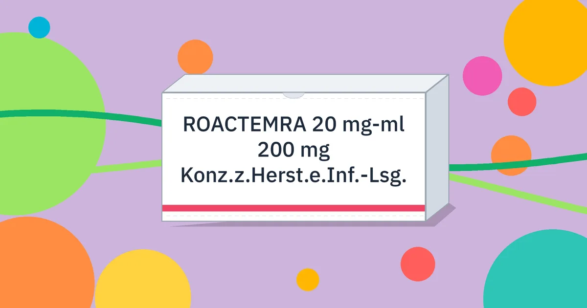 Symbolbild: Packung mit der Aufschrift ROACTEMRA 20 mg-ml 200 mg Konz.z.Herst.e.Inf.-Lsg. (PZN 17621284) – Verfügbarkeit und Bezug in Apotheken in Frankfurt am Main