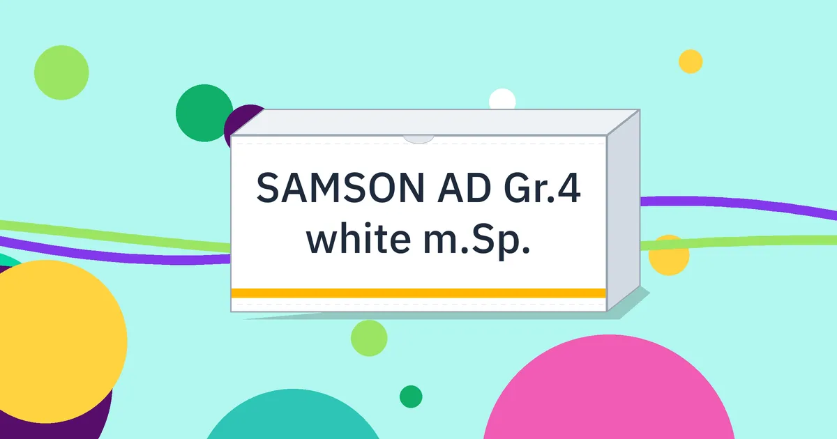 Symbolbild: Packung mit der Aufschrift SAMSON AD Gr.4 white m.Sp. (PZN 14248784) – Verfügbarkeit und Bezug in Apotheken in Frankfurt am Main