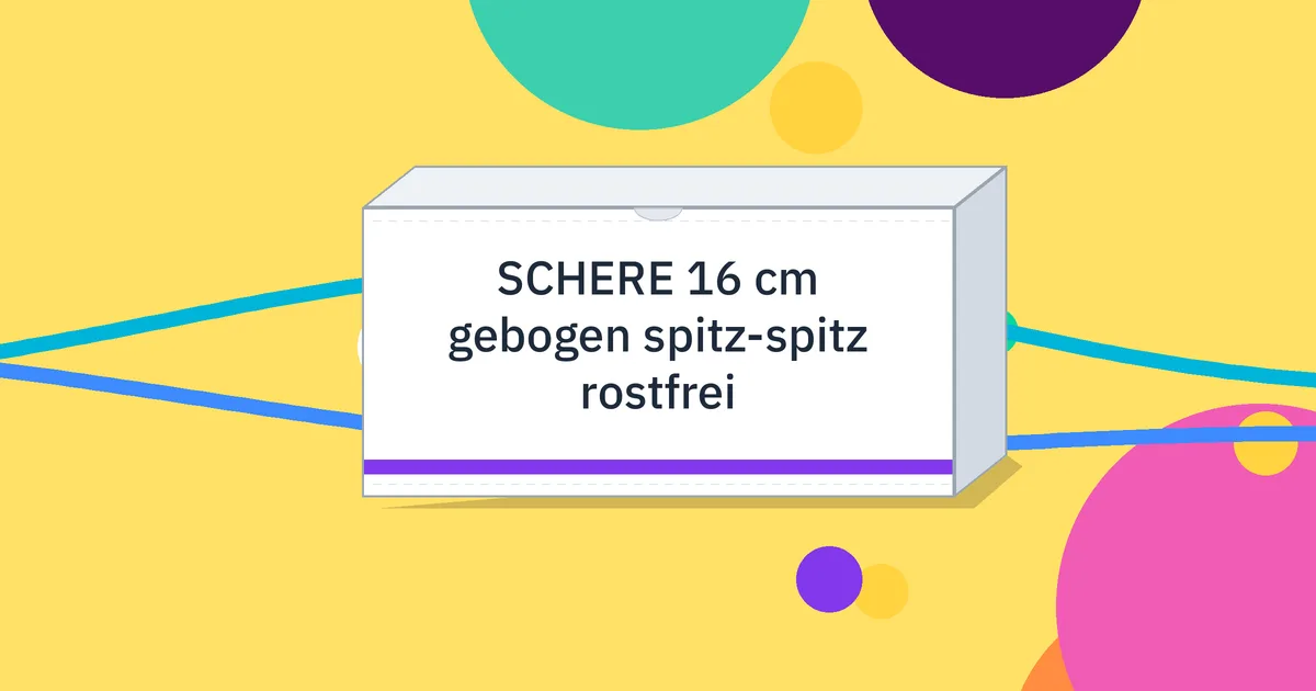 Symbolbild: Packung mit der Aufschrift SCHERE 16 cm gebogen spitz-spitz rostfrei (PZN 06805006) – Verfügbarkeit und Bezug in Apotheken in Frankfurt am Main