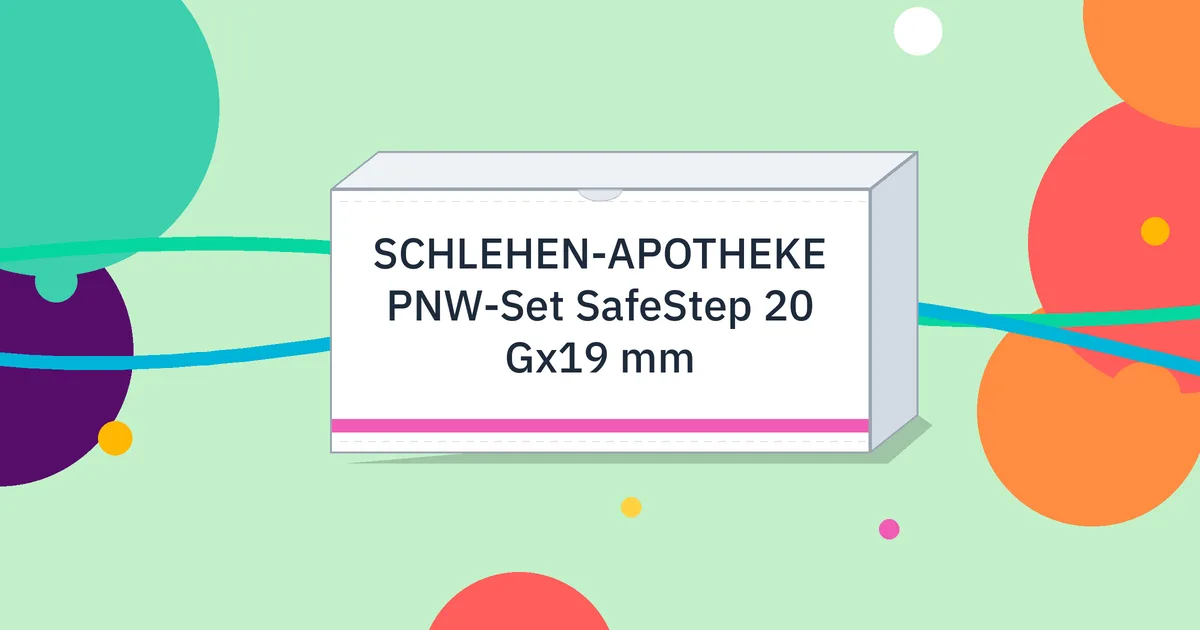 Symbolbild: Packung mit der Aufschrift SCHLEHEN-APOTHEKE PNW-Set SafeStep 20 Gx19 mm (PZN 16229360) – Verfügbarkeit und Bezug in Apotheken in Frankfurt am Main