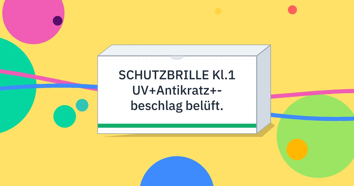Symbolbild: Packung mit der Aufschrift SCHUTZBRILLE Kl.1 UV+Antikratz+-beschlag belüft. (PZN 09685011) – Verfügbarkeit und Bezug in Apotheken in Frankfurt am Main