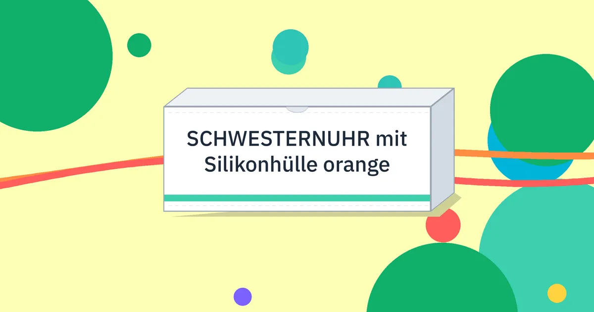 Symbolbild: Packung mit der Aufschrift SCHWESTERNUHR mit Silikonhülle orange (PZN 12482369) – Verfügbarkeit und Bezug in Apotheken in Frankfurt am Main