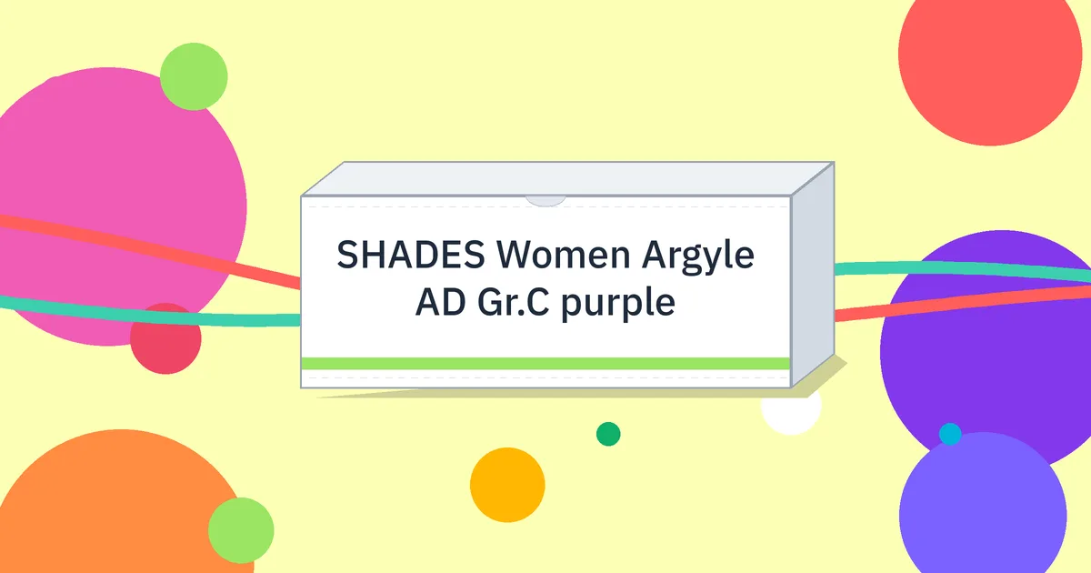 Symbolbild: Packung mit der Aufschrift SHADES Women Argyle AD Gr.C purple (PZN 16992831) – Verfügbarkeit und Bezug in Apotheken in Frankfurt am Main