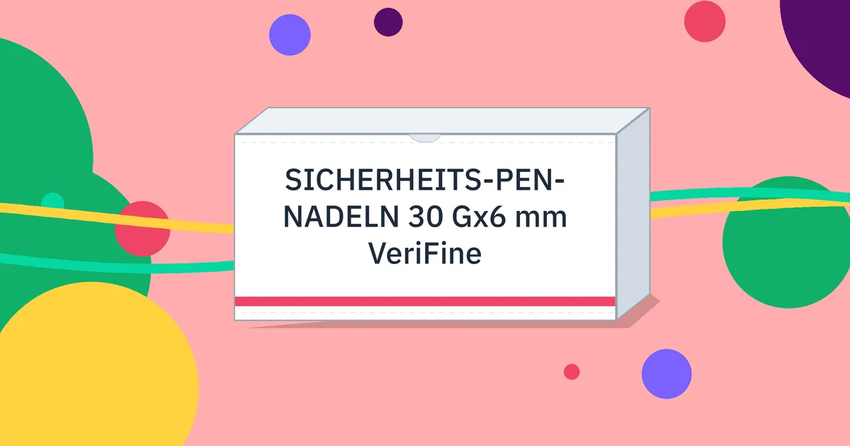 Symbolbild: Packung mit der Aufschrift SICHERHEITS-PEN-NADELN 30 Gx6 mm VeriFine (PZN 17376583) – Verfügbarkeit und Bezug in Apotheken in Frankfurt am Main