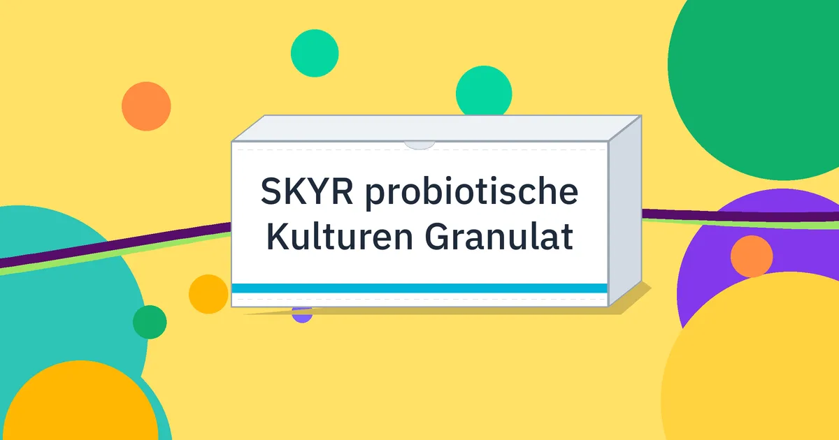 Symbolbild: Packung mit der Aufschrift SKYR probiotische Kulturen Granulat (PZN 15618355) – Verfügbarkeit und Bezug in Apotheken in Frankfurt am Main