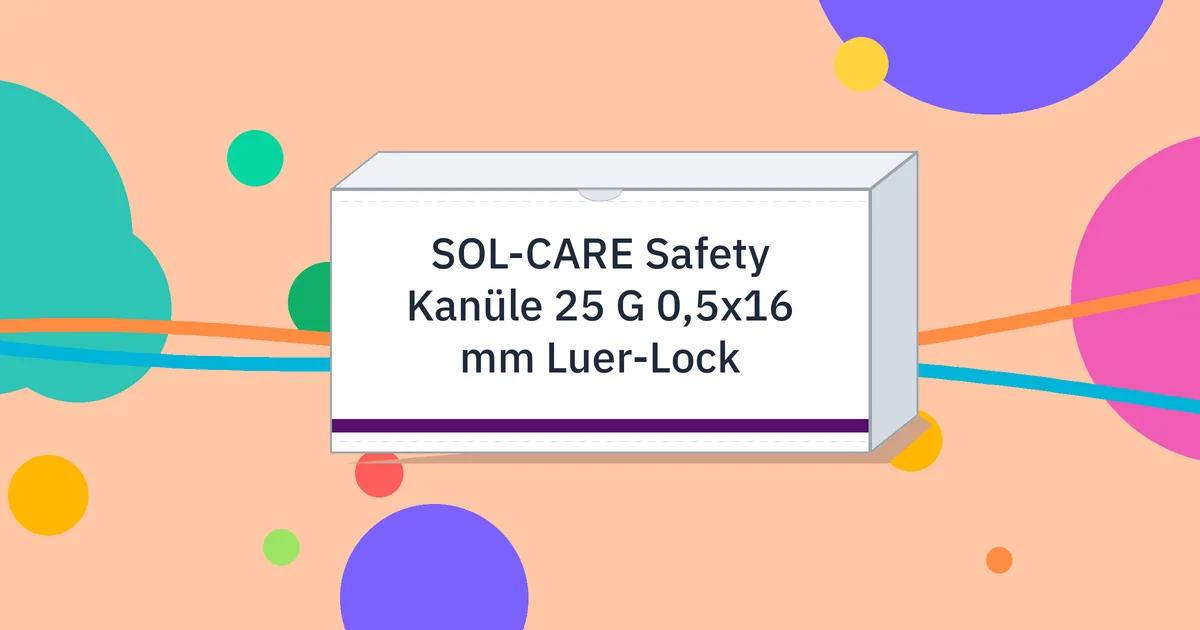 Symbolbild: Packung mit der Aufschrift SOL-CARE Safety Kanüle 25 G 0,5x16 mm Luer-Lock (PZN 19925048) – Verfügbarkeit und Bezug in Apotheken in Frankfurt am Main