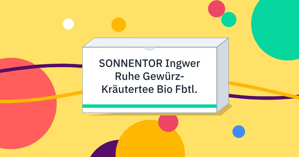 Symbolbild: Packung mit der Aufschrift SONNENTOR Ingwer Ruhe Gewürz-Kräutertee Bio Fbtl. (PZN 18903576) – Verfügbarkeit und Bezug in Apotheken in Frankfurt am Main