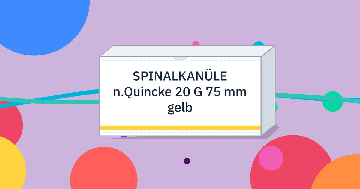 Symbolbild: Packung mit der Aufschrift SPINALKANÜLE n.Quincke 20 G 75 mm gelb (PZN 00989896) – Verfügbarkeit und Bezug in Apotheken in Frankfurt am Main