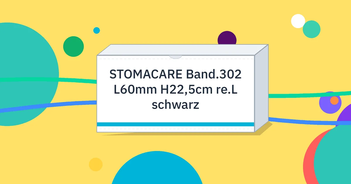 Symbolbild: Packung mit der Aufschrift STOMACARE Band.302 L60mm H22,5cm re.L schwarz (PZN 10840994) – Verfügbarkeit und Bezug in Apotheken in Frankfurt am Main