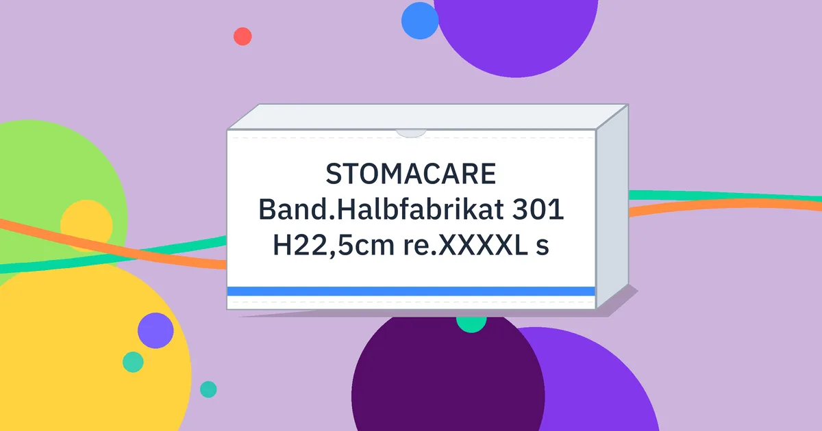 Symbolbild: Packung mit der Aufschrift STOMACARE Band.Halbfabrikat 301 H22,5cm re.XXXXL s (PZN 09436756) – Verfügbarkeit und Bezug in Apotheken in Frankfurt am Main