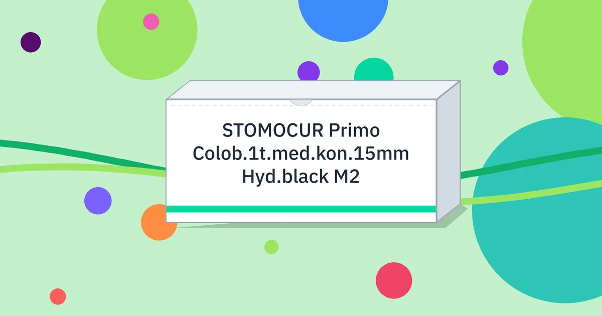 Symbolbild: Packung mit der Aufschrift STOMOCUR Primo Colob.1t.med.kon.15mm Hyd.black M2 (PZN 19536677) – Verfügbarkeit und Bezug in Apotheken in Frankfurt am Main