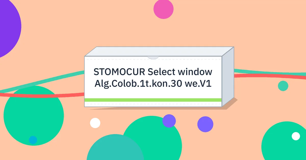 Symbolbild: Packung mit der Aufschrift STOMOCUR Select window Alg.Colob.1t.kon.30 we.V1 (PZN 10557784) – Verfügbarkeit und Bezug in Apotheken in Frankfurt am Main