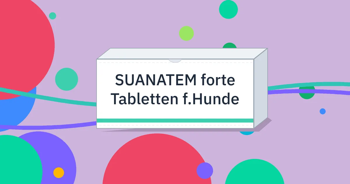 Symbolbild: Packung mit der Aufschrift SUANATEM forte Tabletten f.Hunde (PZN 05393576) – Verfügbarkeit und Bezug in Apotheken in Frankfurt am Main