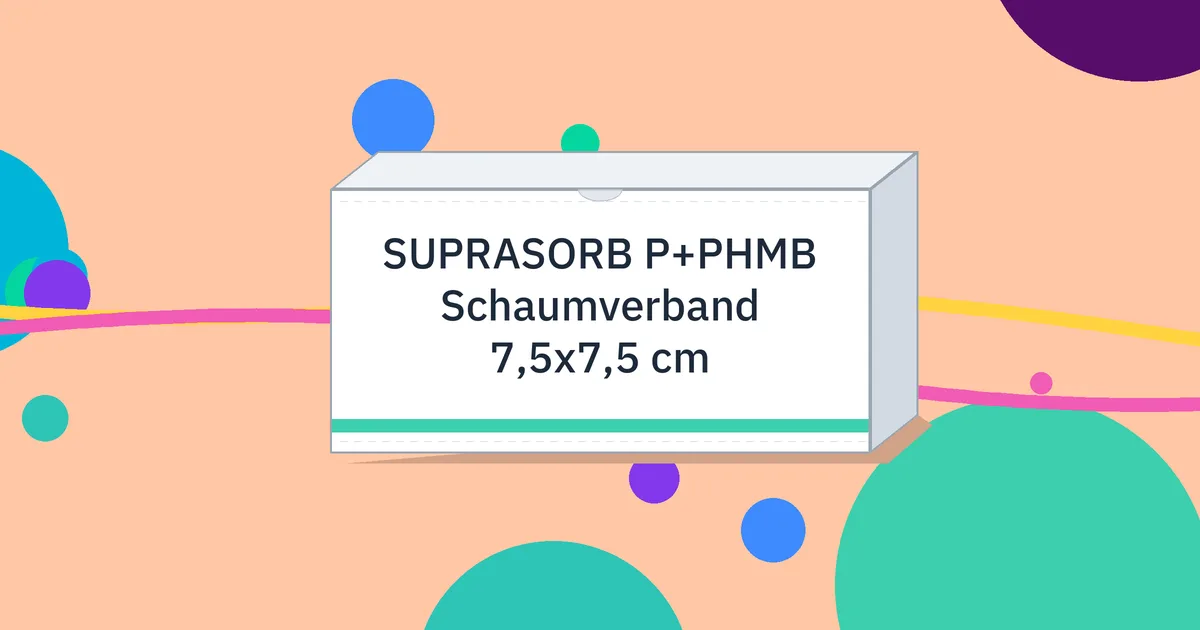 Symbolbild: Packung mit der Aufschrift SUPRASORB P+PHMB Schaumverband 7,5x7,5 cm (PZN 11596792) – Verfügbarkeit und Bezug in Apotheken in Frankfurt am Main