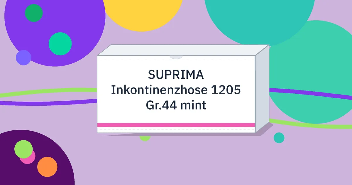 Symbolbild: Packung mit der Aufschrift SUPRIMA Inkontinenzhose 1205 Gr.44 mint (PZN 07631465) – Verfügbarkeit und Bezug in Apotheken in Frankfurt am Main