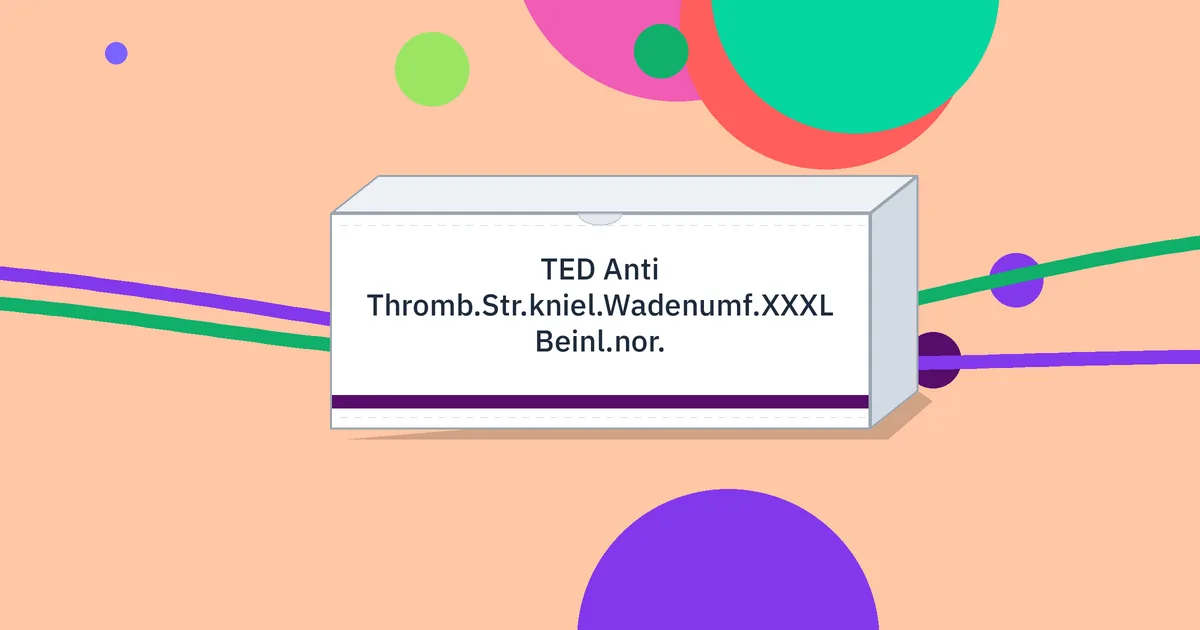 Symbolbild: Packung mit der Aufschrift TED Anti Thromb.Str.kniel.Wadenumf.XXXL Beinl.nor. (PZN 12378100) – Verfügbarkeit und Bezug in Apotheken in Frankfurt am Main