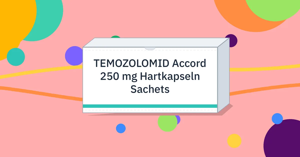 Symbolbild: Packung mit der Aufschrift TEMOZOLOMID Accord 250 mg Hartkapseln Sachets (PZN 16770042) – Verfügbarkeit und Bezug in Apotheken in Frankfurt am Main