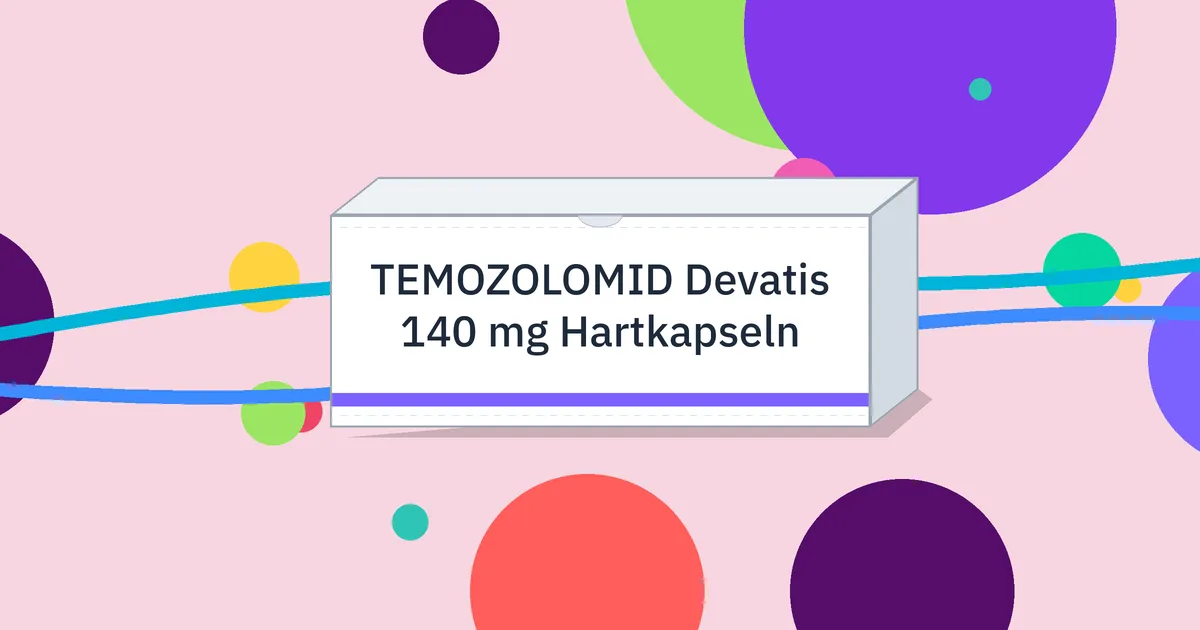 Symbolbild: Packung mit der Aufschrift TEMOZOLOMID Devatis 140 mg Hartkapseln (PZN 17983449) – Verfügbarkeit und Bezug in Apotheken in Frankfurt am Main