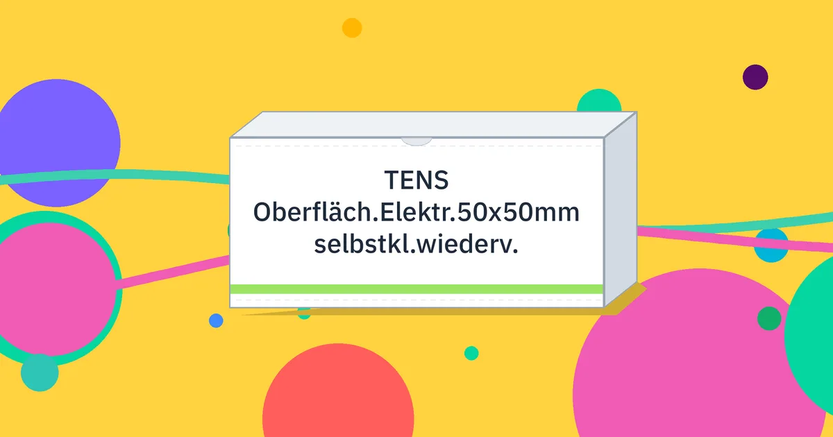 Symbolbild: Packung mit der Aufschrift TENS Oberfläch.Elektr.50x50mm selbstkl.wiederv. (PZN 03888546) – Verfügbarkeit und Bezug in Apotheken in Frankfurt am Main