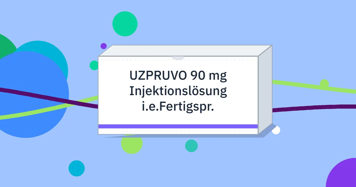 Symbolbild: Packung mit der Aufschrift UZPRUVO 90 mg Injektionslösung i.e.Fertigspr. (PZN 20223877) – Verfügbarkeit und Bezug in Apotheken in Frankfurt am Main
