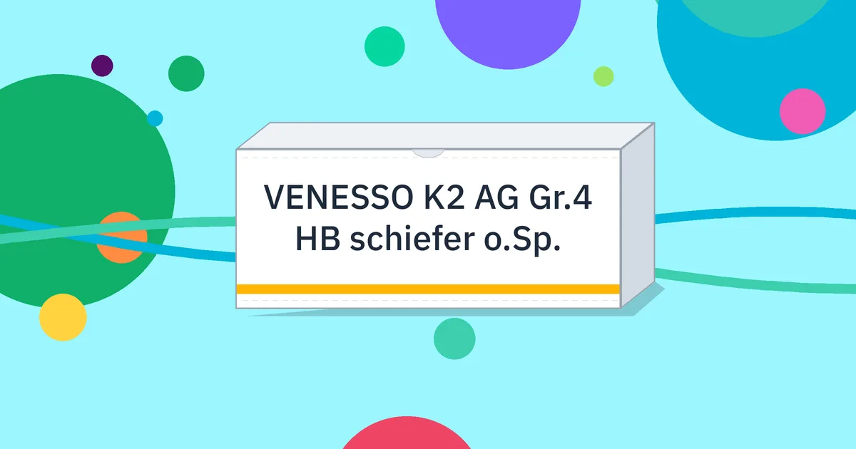 Symbolbild: Packung mit der Aufschrift VENESSO K2 AG Gr.4 HB schiefer o.Sp. (PZN 03265590) – Verfügbarkeit und Bezug in Apotheken in Frankfurt am Main