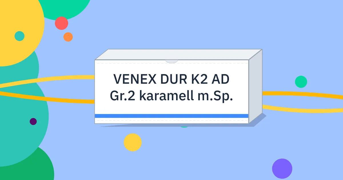 Symbolbild: Packung mit der Aufschrift VENEX DUR K2 AD Gr.2 karamell m.Sp. (PZN 13757354) – Verfügbarkeit und Bezug in Apotheken in Frankfurt am Main