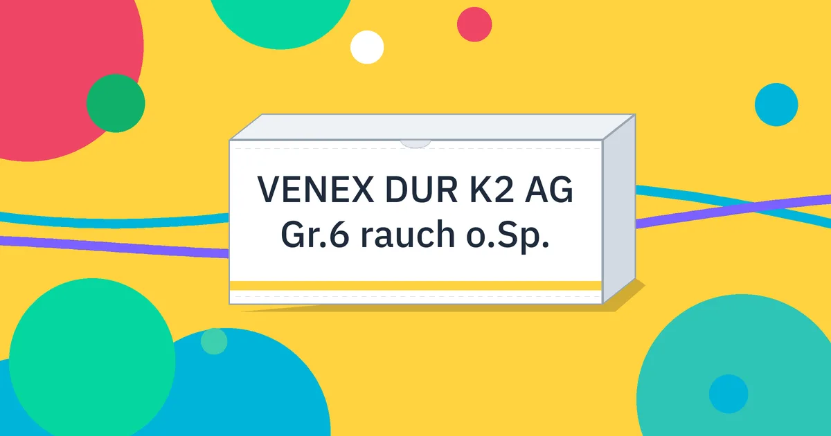 Symbolbild: Packung mit der Aufschrift VENEX DUR K2 AG Gr.6 rauch o.Sp. (PZN 03216077) – Verfügbarkeit und Bezug in Apotheken in Frankfurt am Main