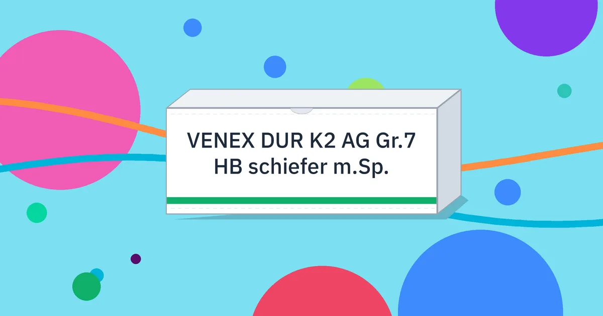 Symbolbild: Packung mit der Aufschrift VENEX DUR K2 AG Gr.7 HB schiefer m.Sp. (PZN 03218998) – Verfügbarkeit und Bezug in Apotheken in Frankfurt am Main