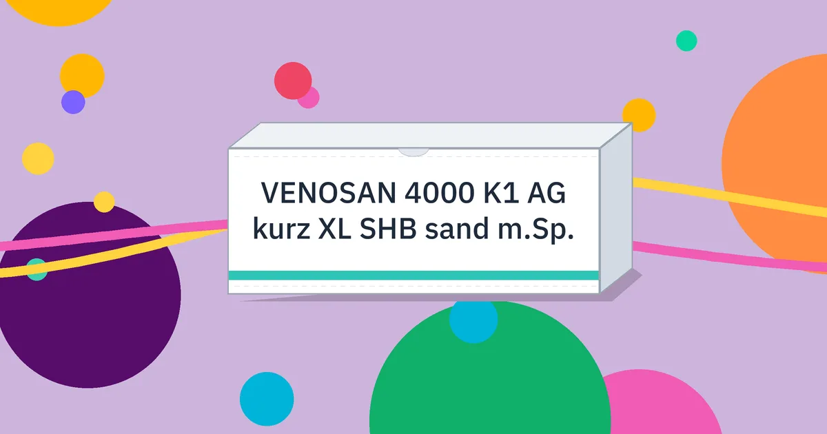 Symbolbild: Packung mit der Aufschrift VENOSAN 4000 K1 AG kurz XL SHB sand m.Sp. (PZN 14422199) – Verfügbarkeit und Bezug in Apotheken in Frankfurt am Main