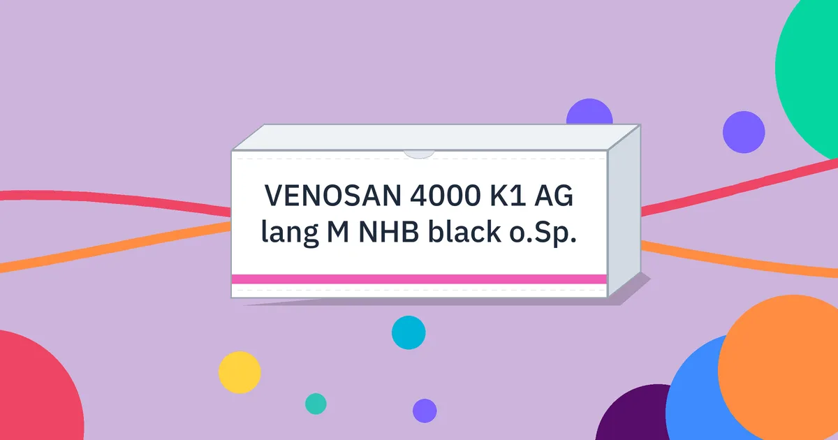 Symbolbild: Packung mit der Aufschrift VENOSAN 4000 K1 AG lang M NHB black o.Sp. (PZN 14426866) – Verfügbarkeit und Bezug in Apotheken in Frankfurt am Main