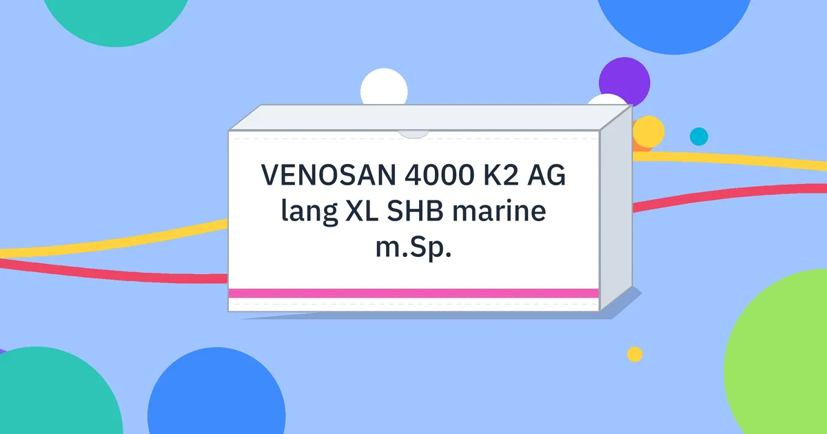 Symbolbild: Packung mit der Aufschrift VENOSAN 4000 K2 AG lang XL SHB marine m.Sp. (PZN 16602184) – Verfügbarkeit und Bezug in Apotheken in Frankfurt am Main