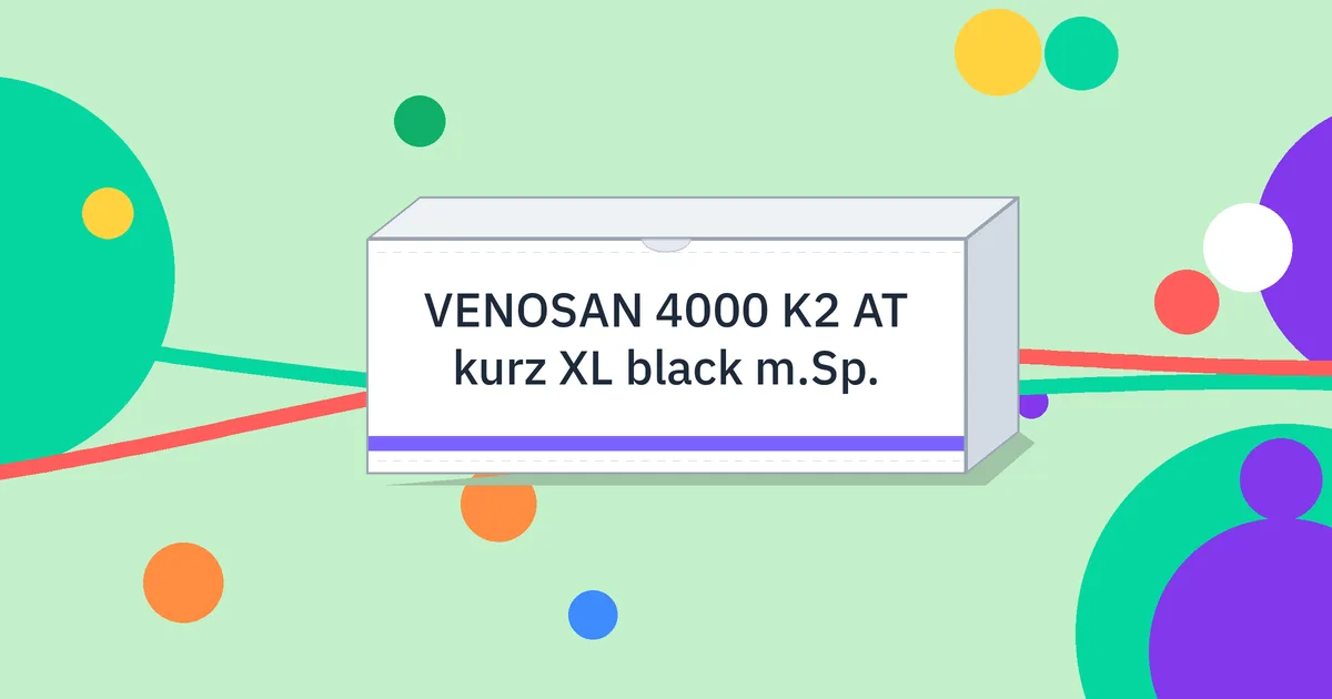 Symbolbild: Packung mit der Aufschrift VENOSAN 4000 K2 AT kurz XL black m.Sp. (PZN 14427593) – Verfügbarkeit und Bezug in Apotheken in Frankfurt am Main