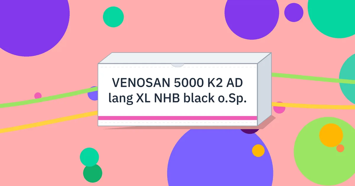 Symbolbild: Packung mit der Aufschrift VENOSAN 5000 K2 AD lang XL NHB black o.Sp. (PZN 14433292) – Verfügbarkeit und Bezug in Apotheken in Frankfurt am Main