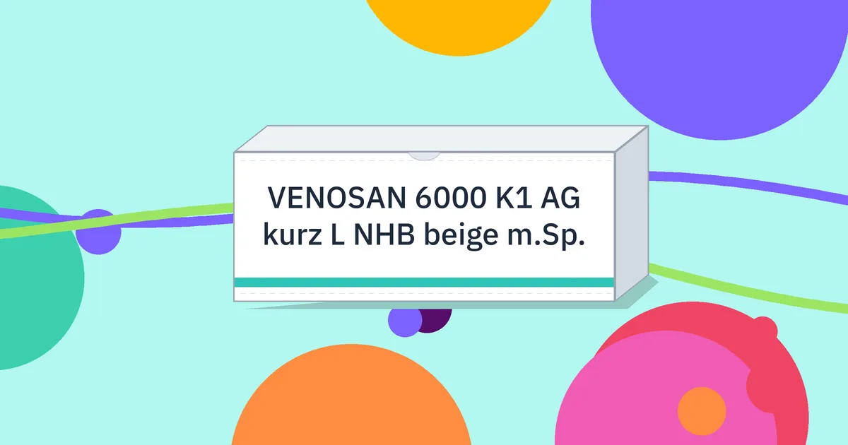 Symbolbild: Packung mit der Aufschrift VENOSAN 6000 K1 AG kurz L NHB beige m.Sp. (PZN 17171645) – Verfügbarkeit und Bezug in Apotheken in Frankfurt am Main