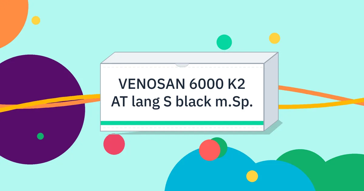 Symbolbild: Packung mit der Aufschrift VENOSAN 6000 K2 AT lang S black m.Sp. (PZN 17173259) – Verfügbarkeit und Bezug in Apotheken in Frankfurt am Main