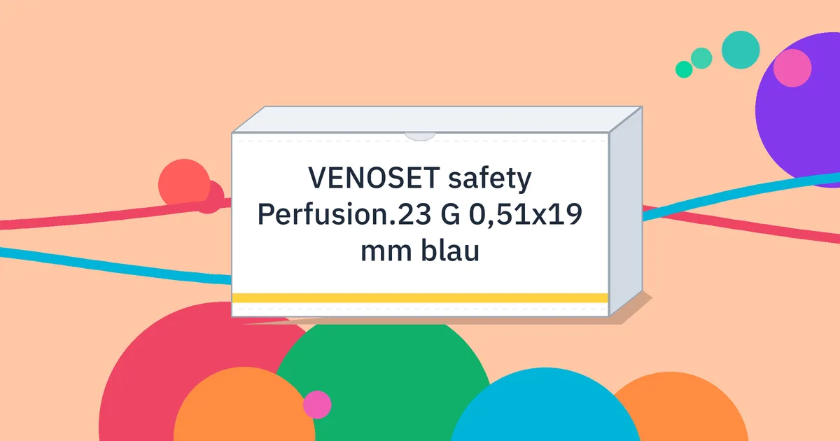 Symbolbild: Packung mit der Aufschrift VENOSET safety Perfusion.23 G 0,51x19 mm blau (PZN 13846980) – Verfügbarkeit und Bezug in Apotheken in Frankfurt am Main