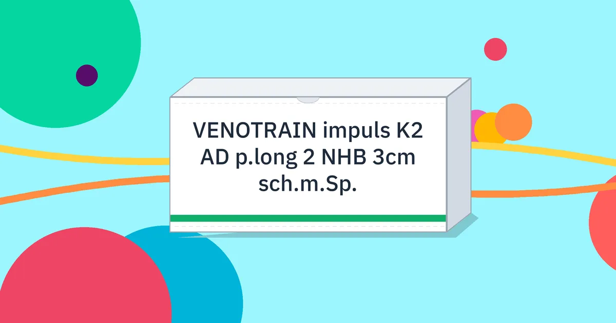Symbolbild: Packung mit der Aufschrift VENOTRAIN impuls K2 AD p.long 2 NHB 3cm sch.m.Sp. (PZN 00651921) – Verfügbarkeit und Bezug in Apotheken in Frankfurt am Main
