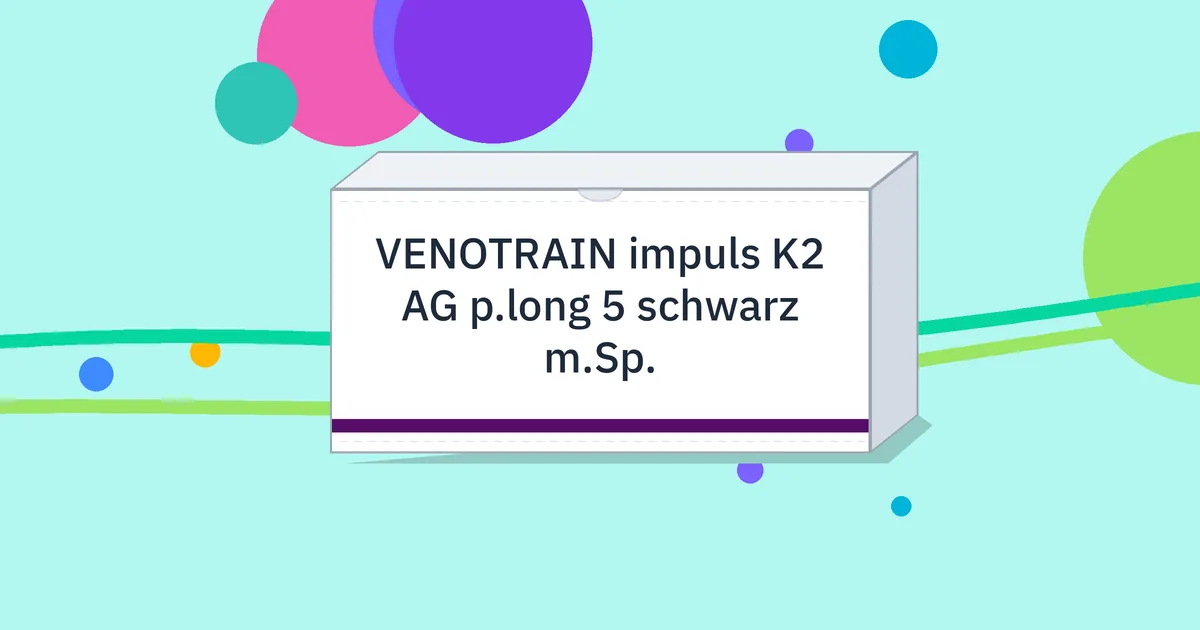 Symbolbild: Packung mit der Aufschrift VENOTRAIN impuls K2 AG p.long 5 schwarz m.Sp. (PZN 00495527) – Verfügbarkeit und Bezug in Apotheken in Frankfurt am Main