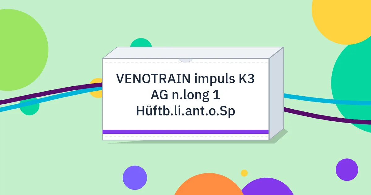 Symbolbild: Packung mit der Aufschrift VENOTRAIN impuls K3 AG n.long 1 Hüftb.li.ant.o.Sp (PZN 15220842) – Verfügbarkeit und Bezug in Apotheken in Frankfurt am Main