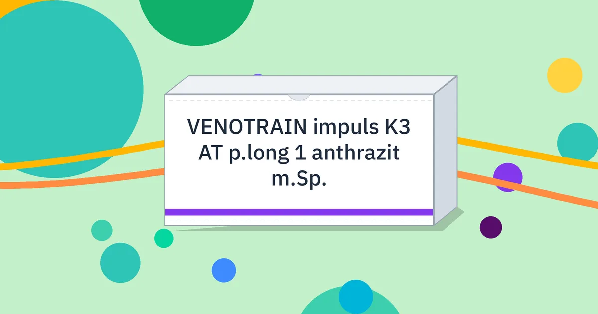 Symbolbild: Packung mit der Aufschrift VENOTRAIN impuls K3 AT p.long 1 anthrazit m.Sp. (PZN 19356892) – Verfügbarkeit und Bezug in Apotheken in Frankfurt am Main