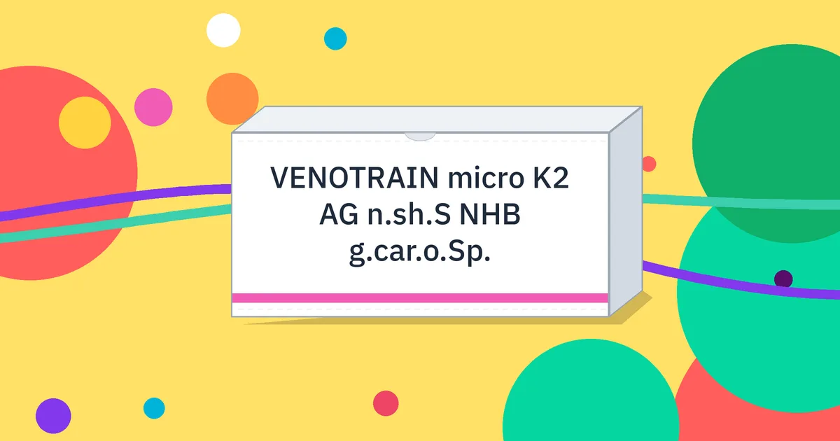 Symbolbild: Packung mit der Aufschrift VENOTRAIN micro K2 AG n.sh.S NHB g.car.o.Sp. (PZN 05999505) – Verfügbarkeit und Bezug in Apotheken in Frankfurt am Main