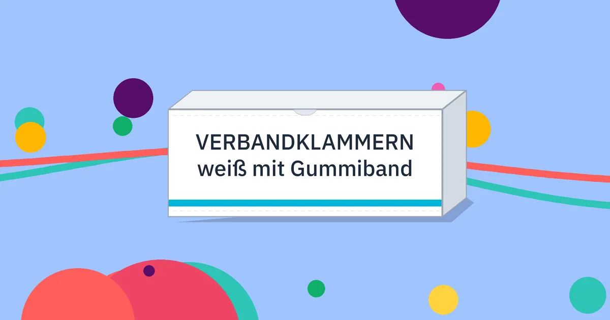 Symbolbild: Packung mit der Aufschrift VERBANDKLAMMERN weiß mit Gummiband (PZN 03139477) – Verfügbarkeit und Bezug in Apotheken in Frankfurt am Main