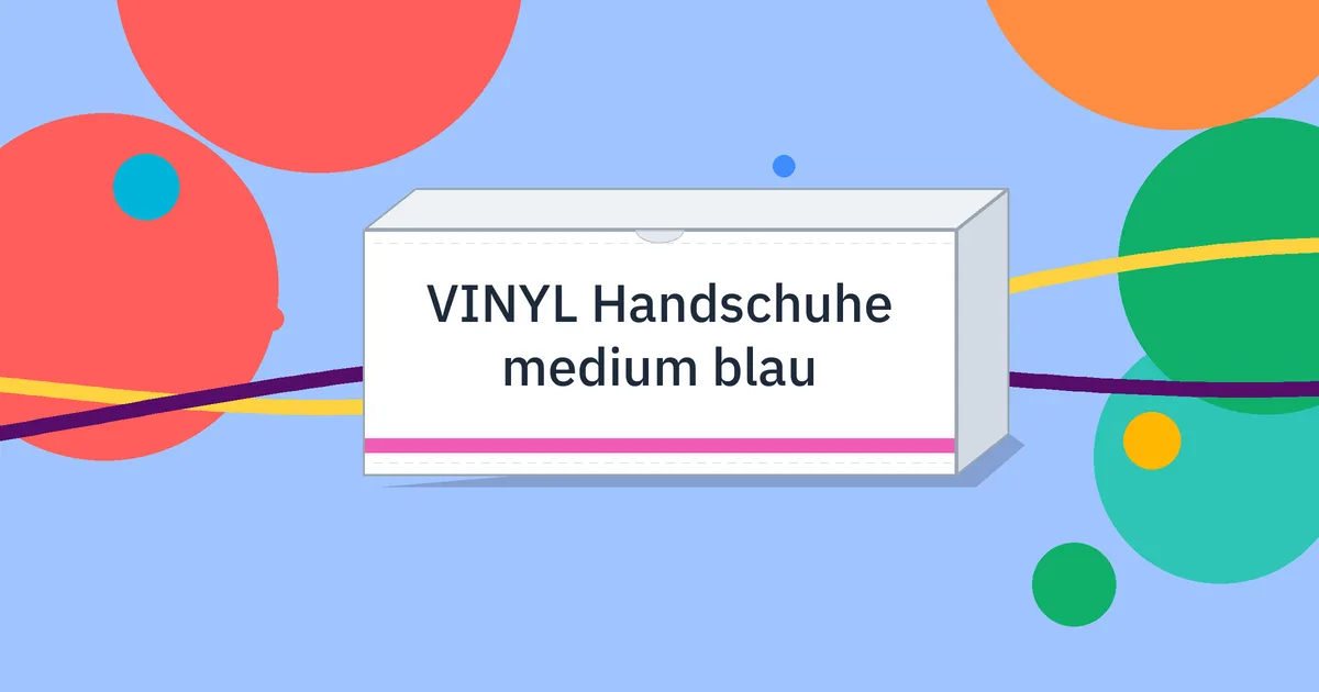Symbolbild: Packung mit der Aufschrift VINYL Handschuhe medium blau (PZN 01235515) – Verfügbarkeit und Bezug in Apotheken in Frankfurt am Main