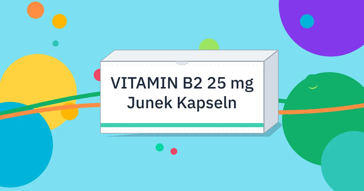 Symbolbild: Packung mit der Aufschrift VITAMIN B2 25 mg Junek Kapseln (PZN 16572187) – Verfügbarkeit und Bezug in Apotheken in Frankfurt am Main
