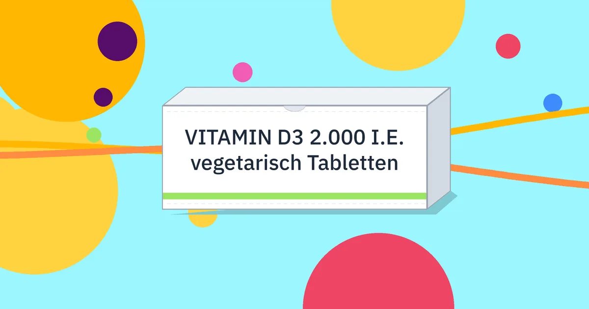 Symbolbild: Packung mit der Aufschrift VITAMIN D3 2.000 I.E. vegetarisch Tabletten (PZN 19459818) – Verfügbarkeit und Bezug in Apotheken in Frankfurt am Main