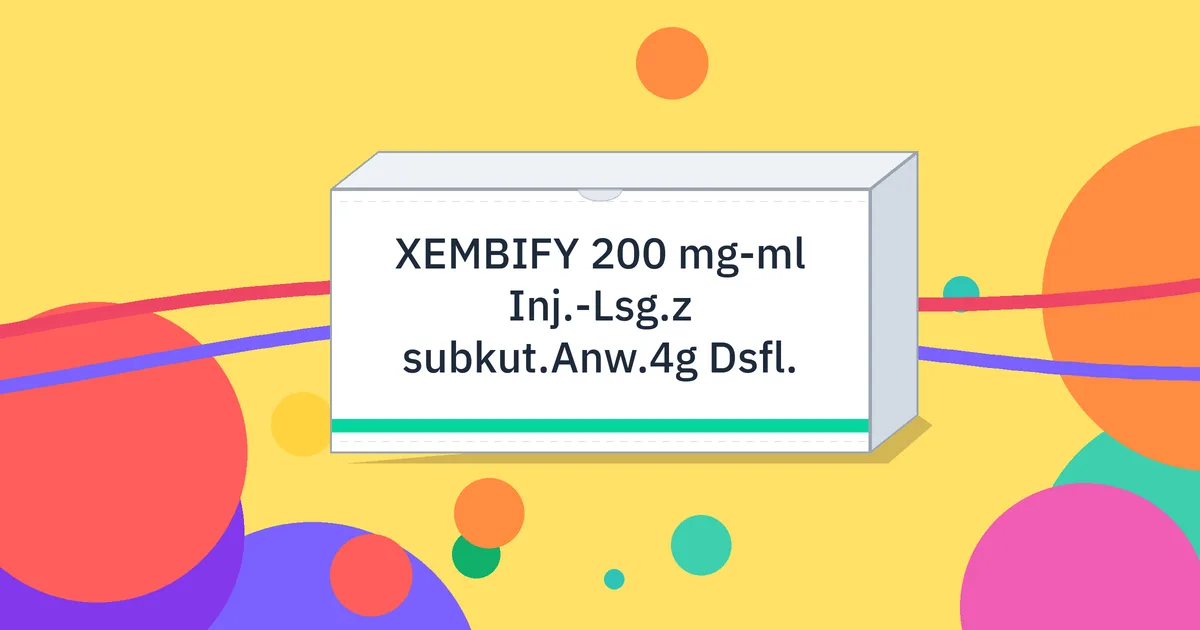 Symbolbild: Packung mit der Aufschrift XEMBIFY 200 mg-ml Inj.-Lsg.z subkut.Anw.4g Dsfl. (PZN 17992307) – Verfügbarkeit und Bezug in Apotheken in Frankfurt am Main