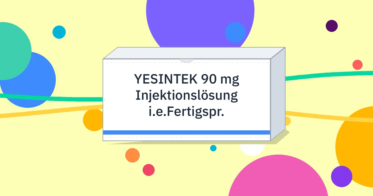 Symbolbild: Packung mit der Aufschrift YESINTEK 90 mg Injektionslösung i.e.Fertigspr. (PZN 20229147) – Verfügbarkeit und Bezug in Apotheken in Frankfurt am Main
