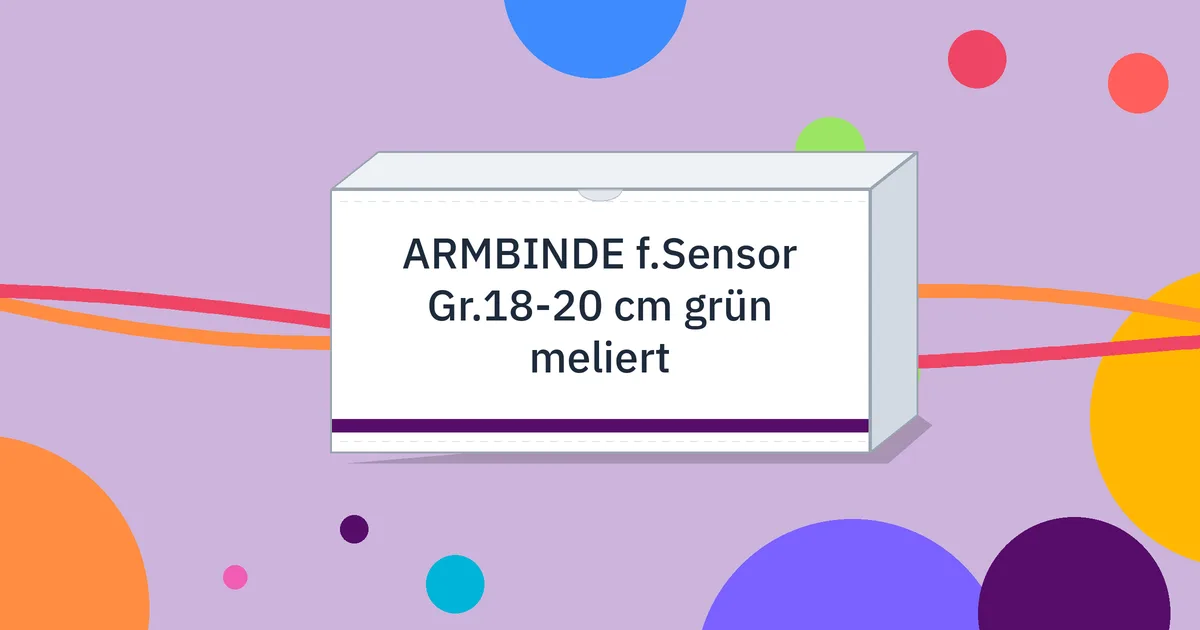 Symbolbild: Packung mit der Aufschrift ARMBINDE f.Sensor Gr.18-20 cm grün meliert (PZN 13917504) – Verfügbarkeit und Bezug in Apotheken in Frankfurt am Main